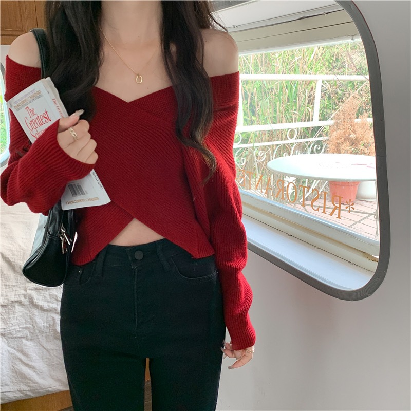 Cici(C1725)เสื้อครอปไหมพรมแขนยาว ดีเทลแต่งด้านหน้าแซ่บม๊ากก