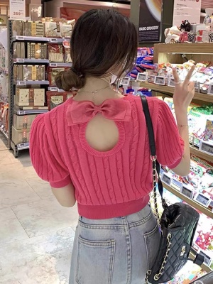 tichada E238เสื้อยืด เสื้อไหมพรมแขนสั้นโชว์หลังเซ็กซี่ สินค้าผ้านิ่มสไตร์เกาหลี (สินค้าพร้อมส่ง)